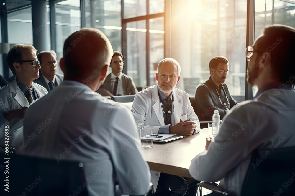 Hospital chief physician discussing with colleagues how best to ...