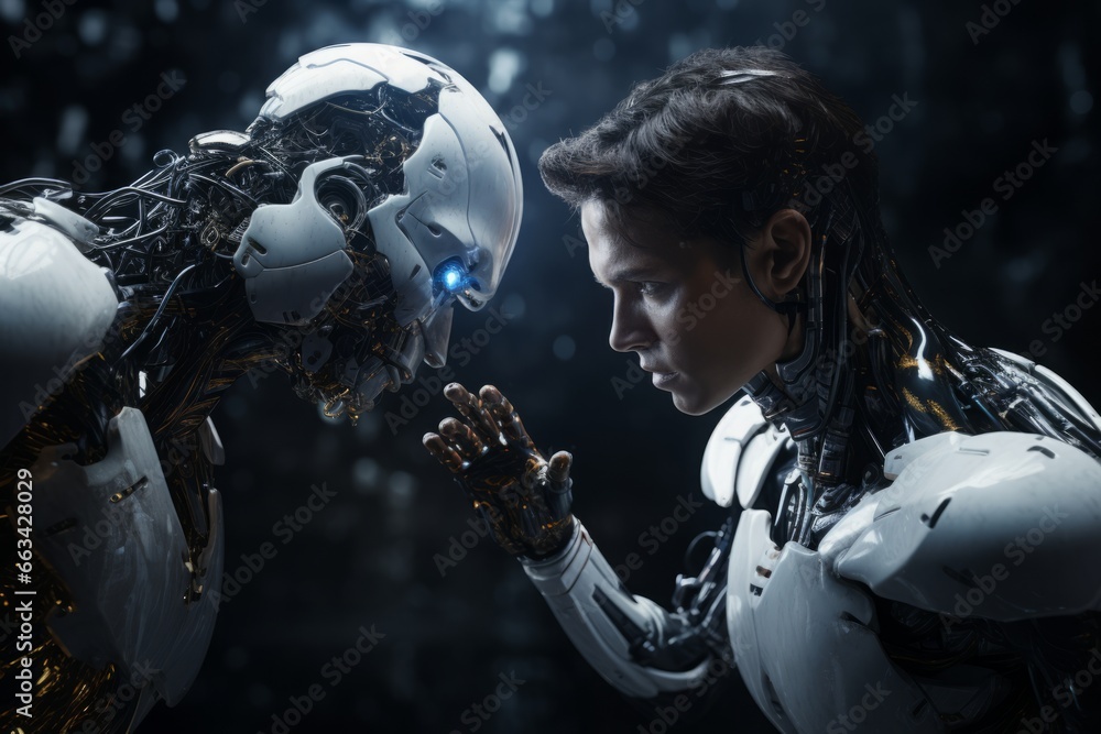 a concept of war of humans and machines: a male caucasian half-man half ...