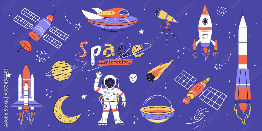 Cute Space set. Hand drawn. Doodle cartoon Space element for nursery ...