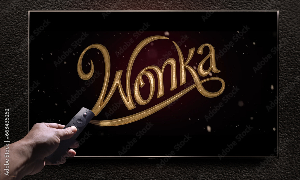 Wonka movie trailer in the TV screen. Willy Wonka. Almaty, Kazakhstan ...