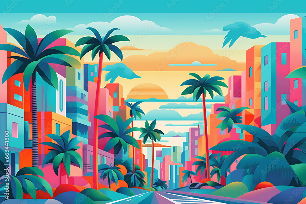 The futuristic retro landscape of the 80s. Illustration of the city and ...