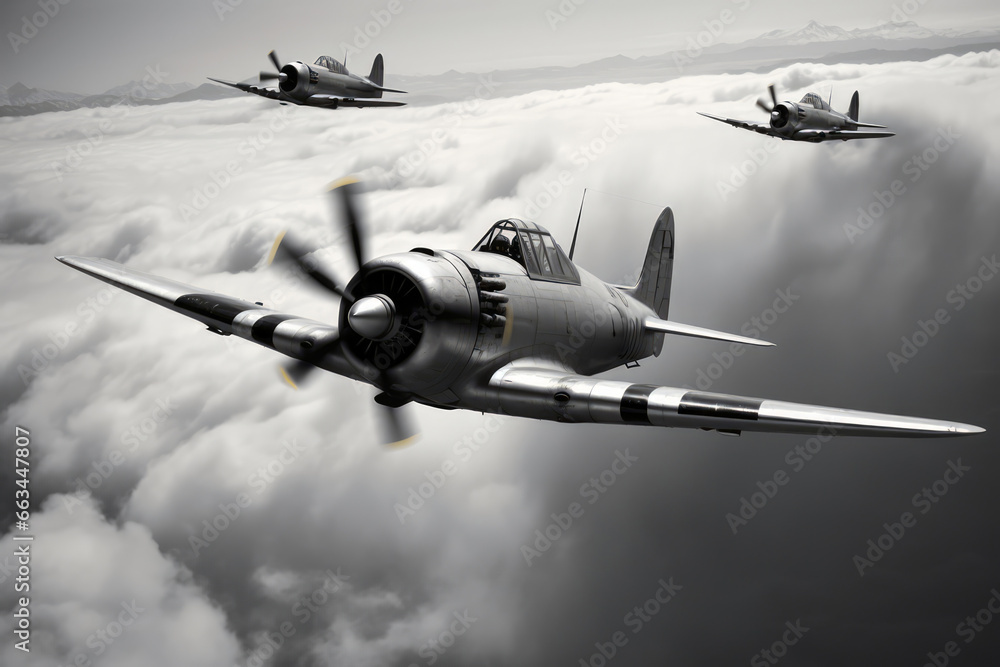 muted noir noire black and white cloudscape with WWII airplanes in ...