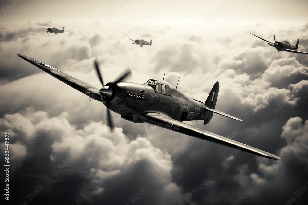 muted noir noire black and white cloudscape with WWII airplanes in ...