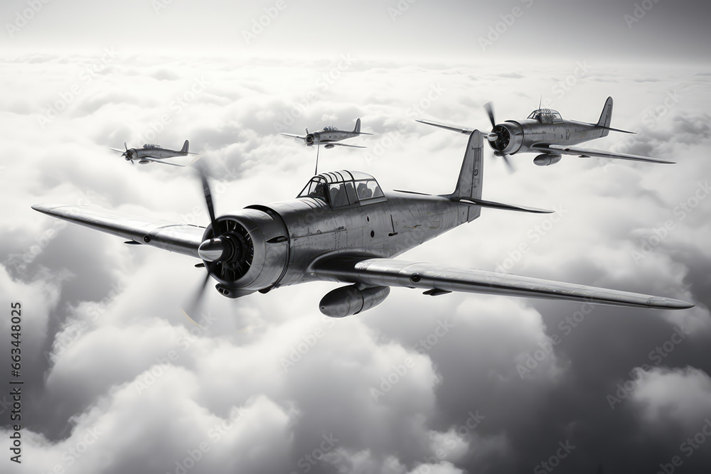 various bombers. muted noir noire black and white cloudscape with WWII ...