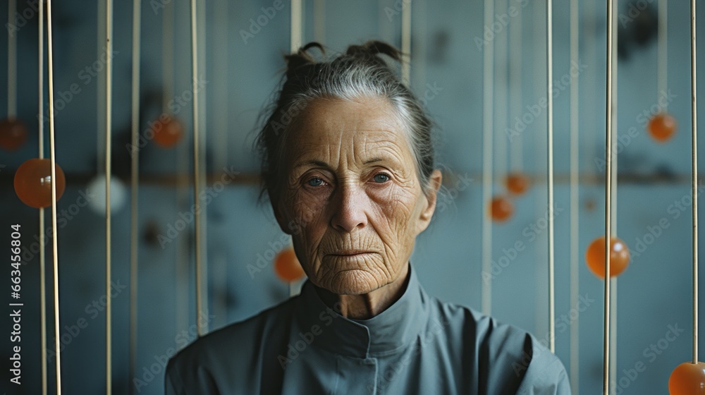 A stoic woman with wispy grey hair tied up in a bun stares intently at ...