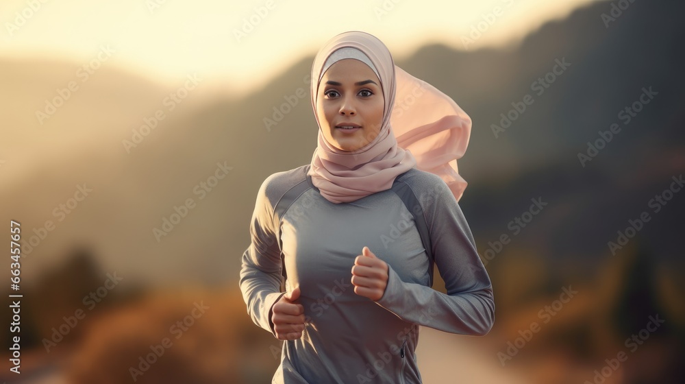 Empowered and Active - Athletic Islamic Female Runner in Hijab Jogging ...