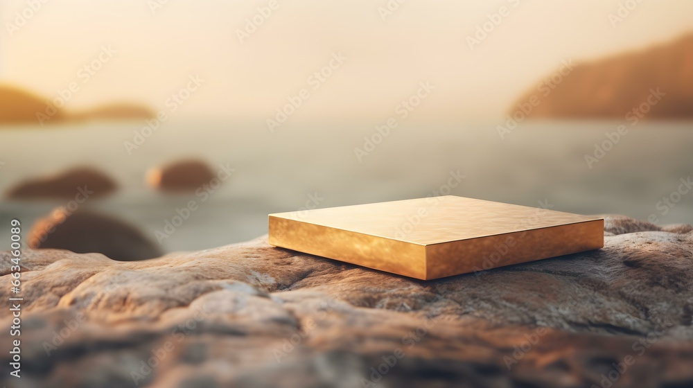 Square Stone Podium in gold Colors in front of a blurred Seascape ...