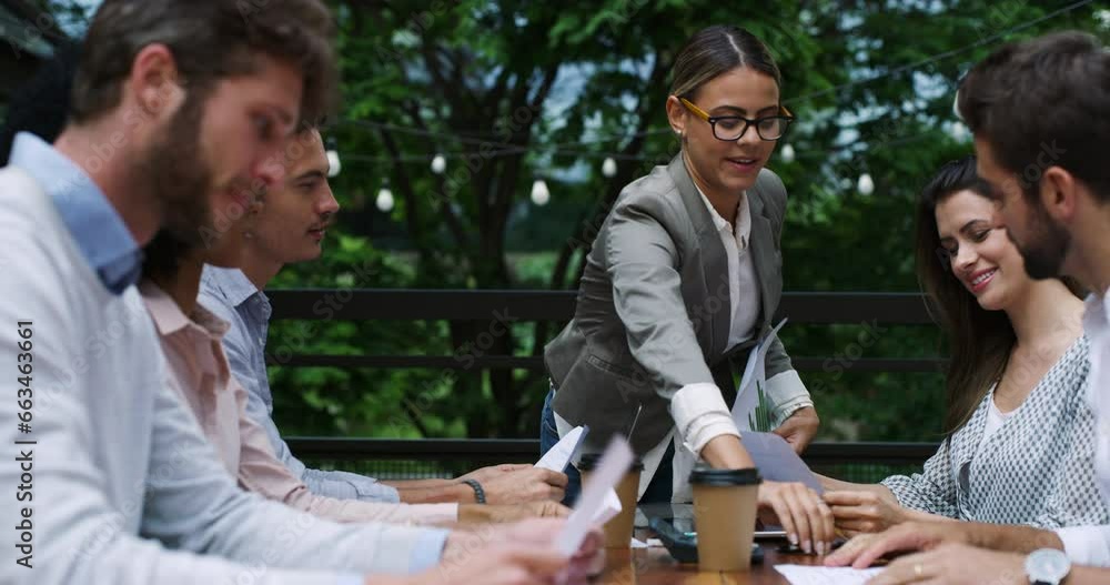 Business people, documents and meeting in nature for team strategy or ...