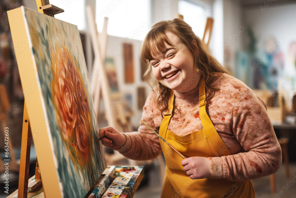 Young attractive woman artist with down syndrome painting. Social ...