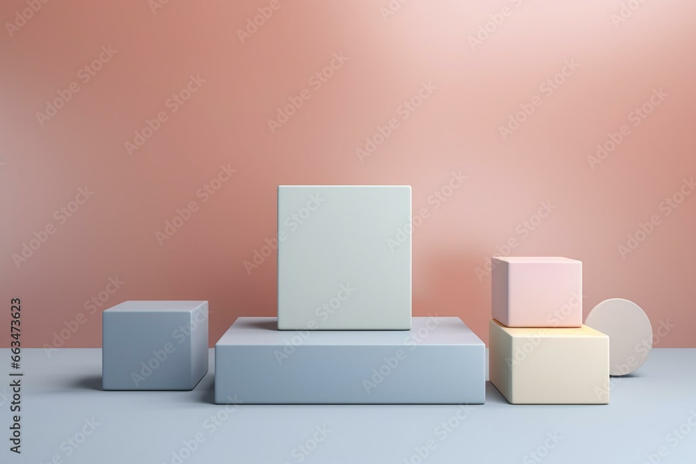 Simple geometric 3D elements on a blank mockup with calm pastel colored ...