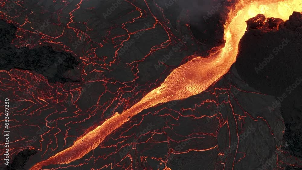 Aerial view of lava flowing from Litli-Hrutur (Little Ram) Volcano ...