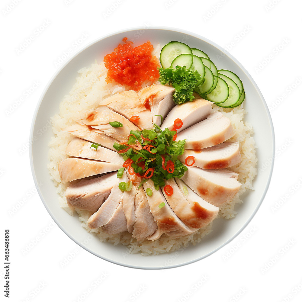 Hainanese chicken rice with vegetables top view isolated on white ...