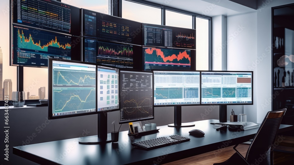 The side view from a computer desk with multiple screens displaying ...