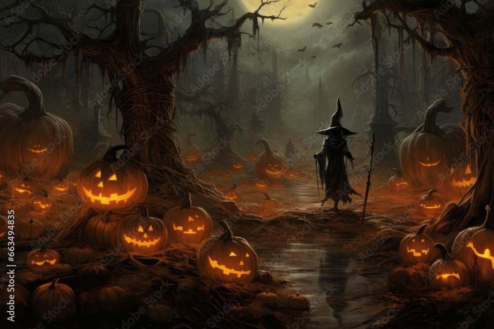 Halloween Spooky Background Scary Jack O Lantern Pumpkins In Creepy