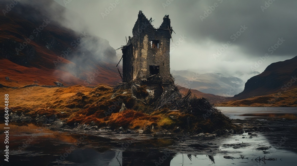 Decaying castle in the Scottish landscape, a beautiful scene of the old ...