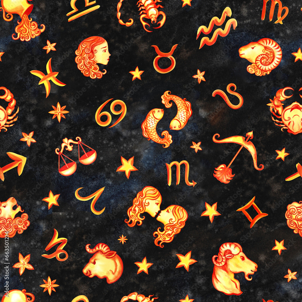 Seamless pattern with zodiac signs according to the horoscope. The ...