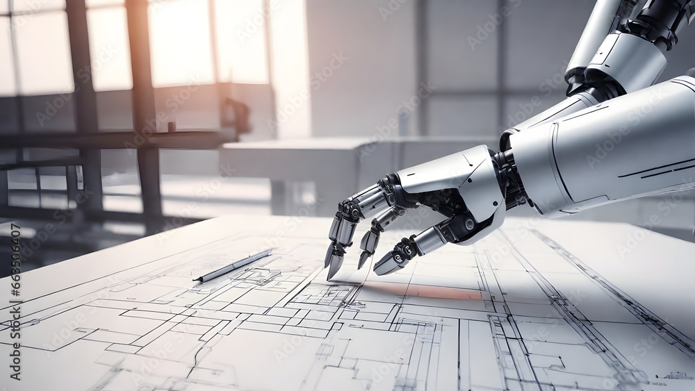 robot hand explaining the blueprints of buildings, robot explaining the ...