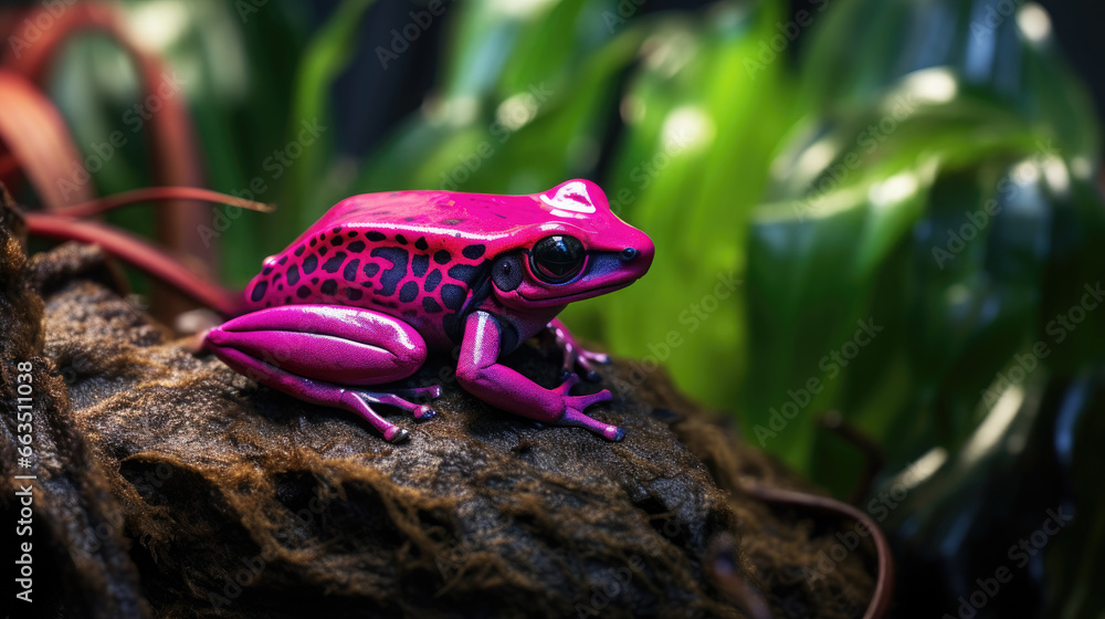 macro of a pink poison dart frog sitting in a tropical rainforest Stock ...