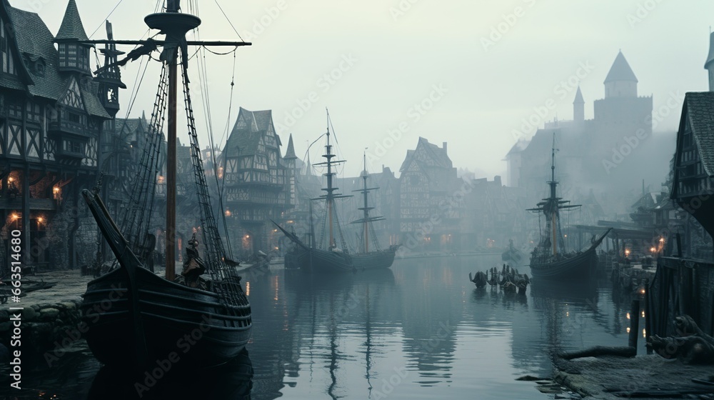 Ships in a medieval harbour on the river delta Stock Illustration ...