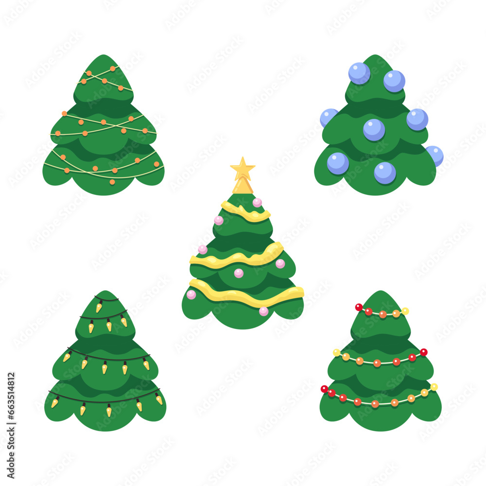 Merry Christmas trees 2D cartoon objects set. Happy new year ...