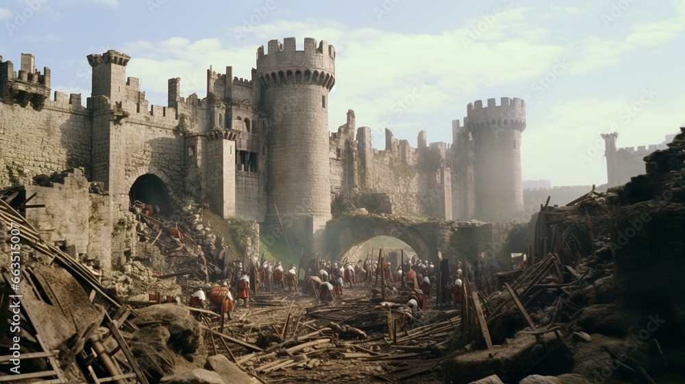 Medieval castle under siege by catapults and ladders and battering rams ...