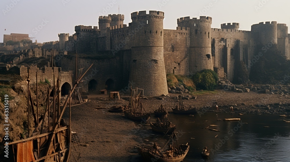 Medieval castle under siege by catapults and ladders and battering rams ...
