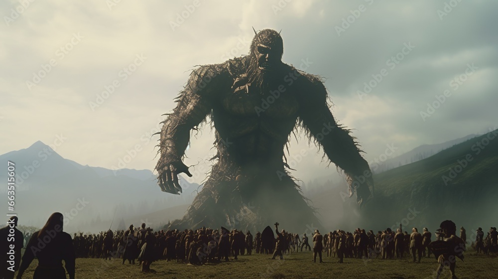 Fantasy giant troll in a medieval battle with footsoldiers and cavalry ...