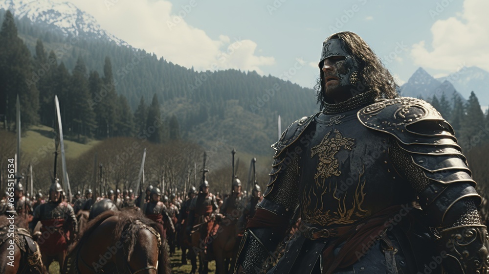 Medieval army crossing the valley in plate armors featuring cavalry and ...