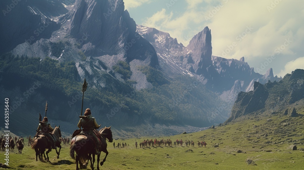 Medieval army crossing the valley in plate armors featuring cavalry and ...