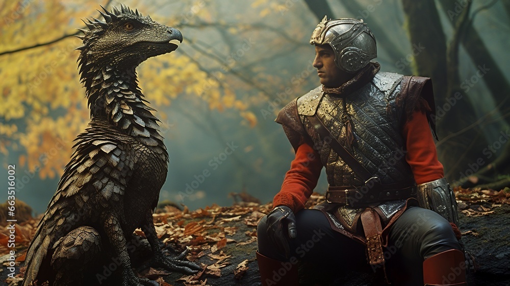 Armored warrior with a scaled dragon lizard pet in a forest retro ...