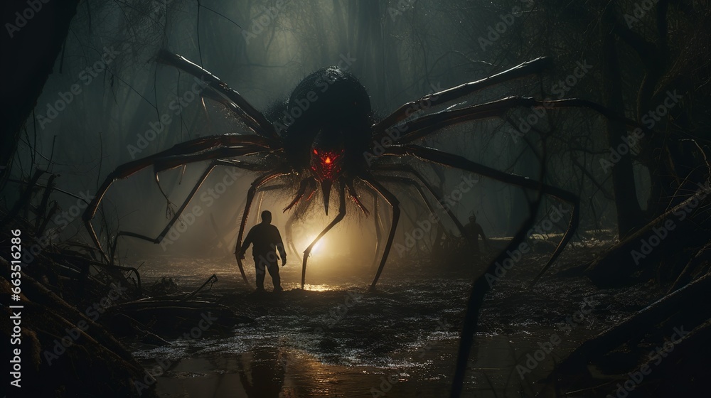 Giant swamp spider attacks medieval soldier in fantasy marshes and ...