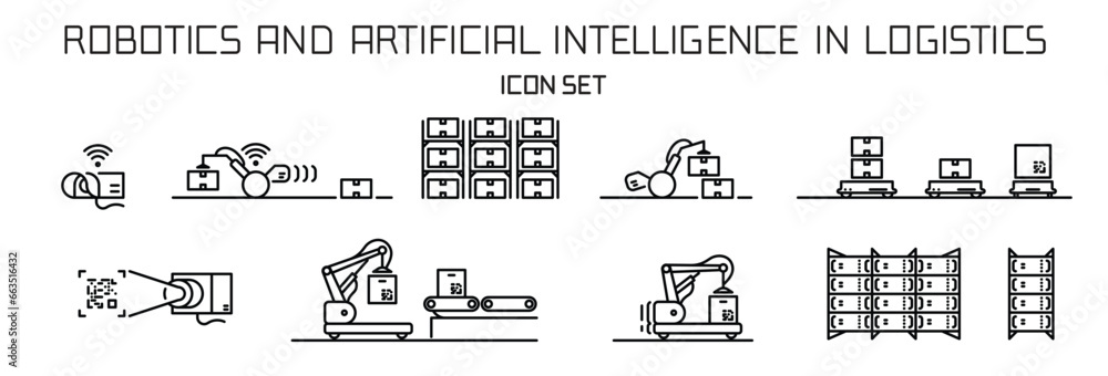 line icon set of robotics in warehouse logistics and automation, safety ...