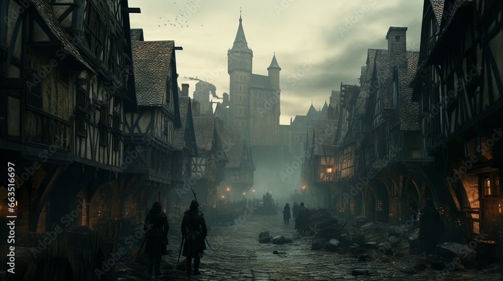 Medieval german style cityscape with gothic style house exteriors and ...