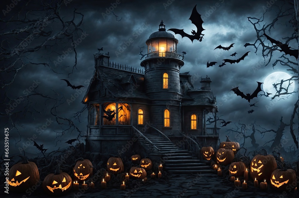 Halloween Backdrop Haunted Lighthouse, HALLOWEEN DIGITAL BACKDROP, bat ...