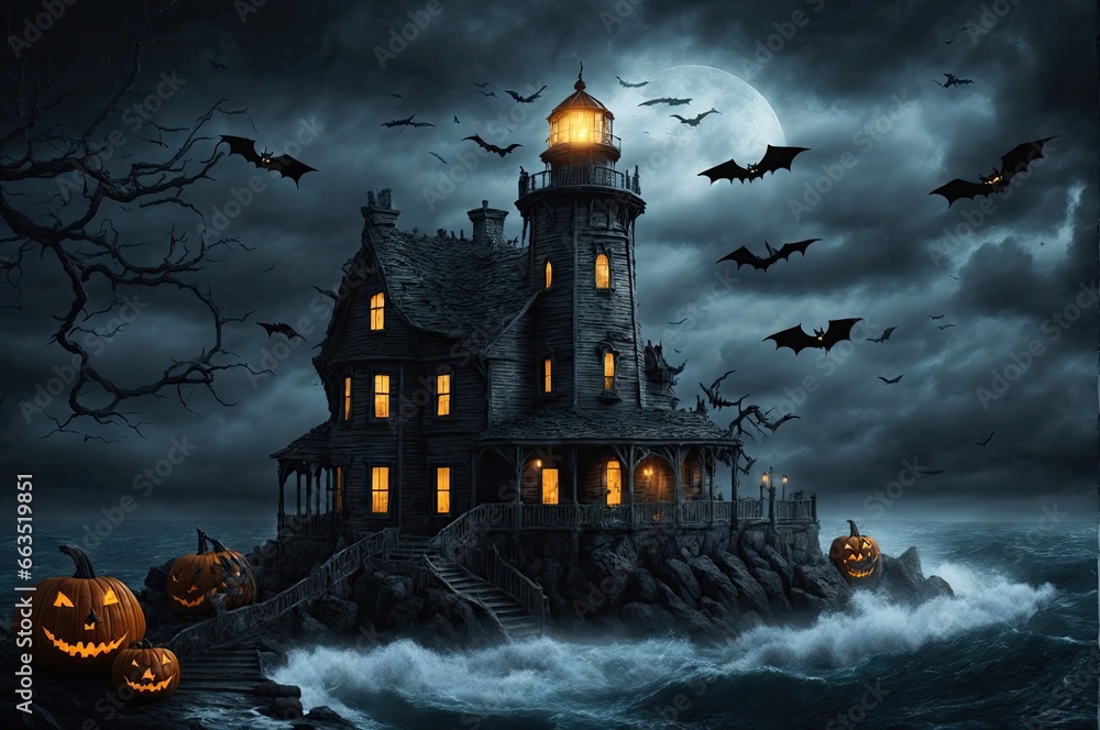 Halloween Backdrop Haunted Lighthouse, HALLOWEEN DIGITAL BACKDROP, bat ...
