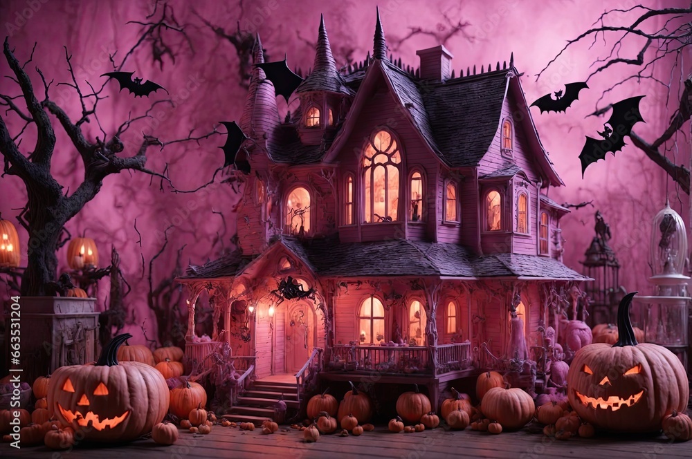 Halloween Backdrop Pink Haunted House party decor kids digital ...