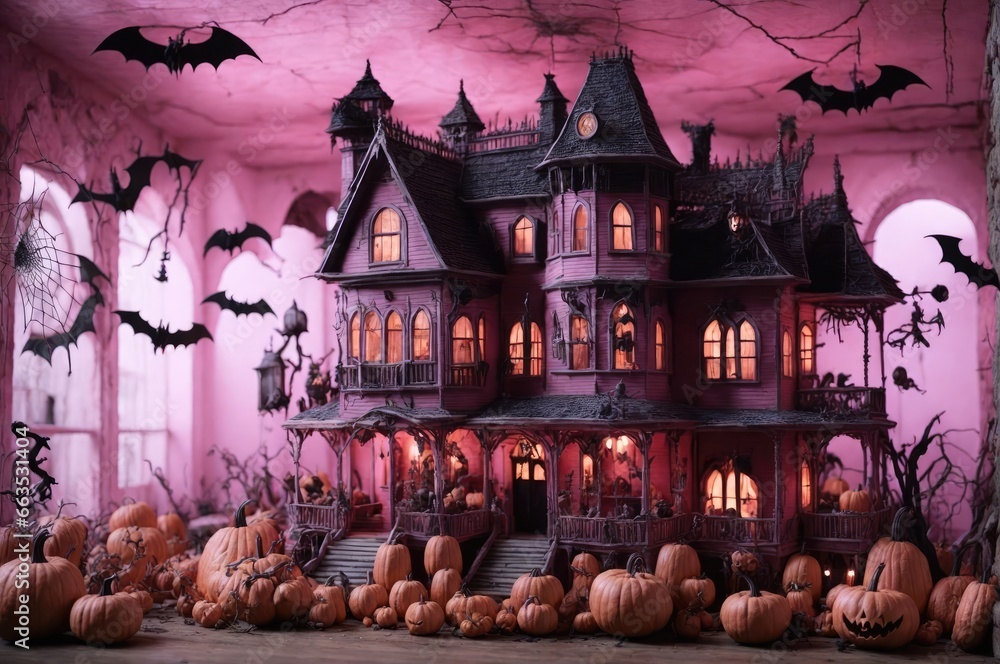 Halloween Backdrop Pink Haunted House party decor kids digital ...