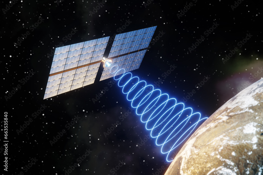 Satellite expanding its solar panels and emitting circular blue waves ...