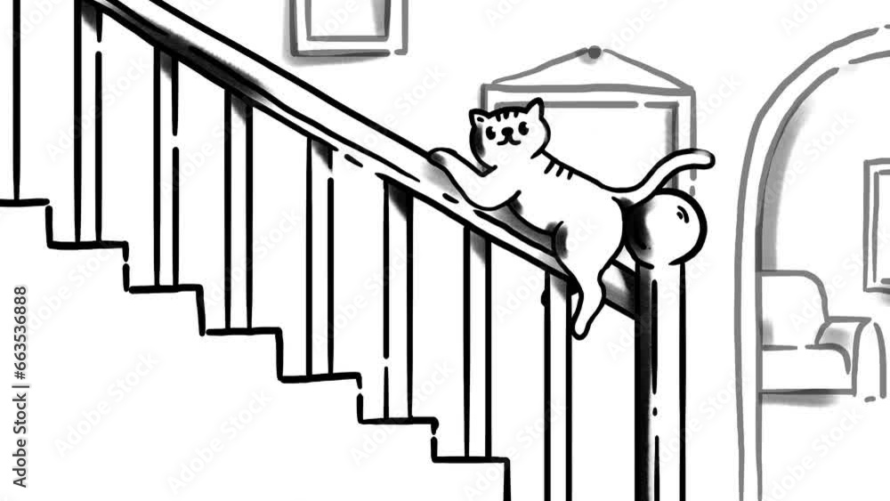 4K animated video. Handdrawn black and white vintage cartoon. Cute cat ...