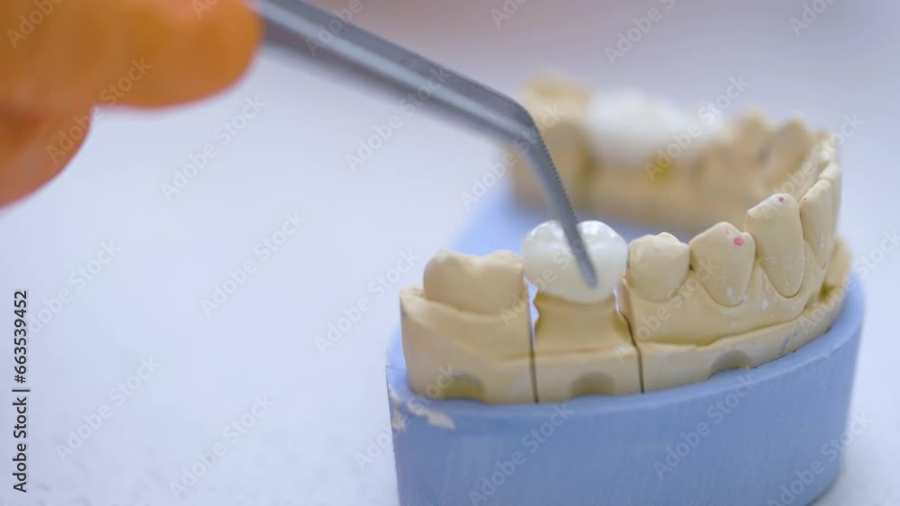 Placement of a dental crown on a jaw model. The doctor puts an ...