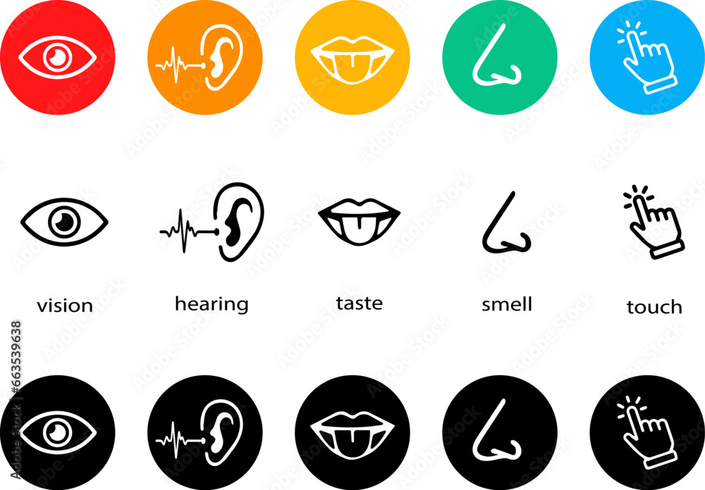 Five senses. Vector illustration containing eye, ear, lips, nose and ...