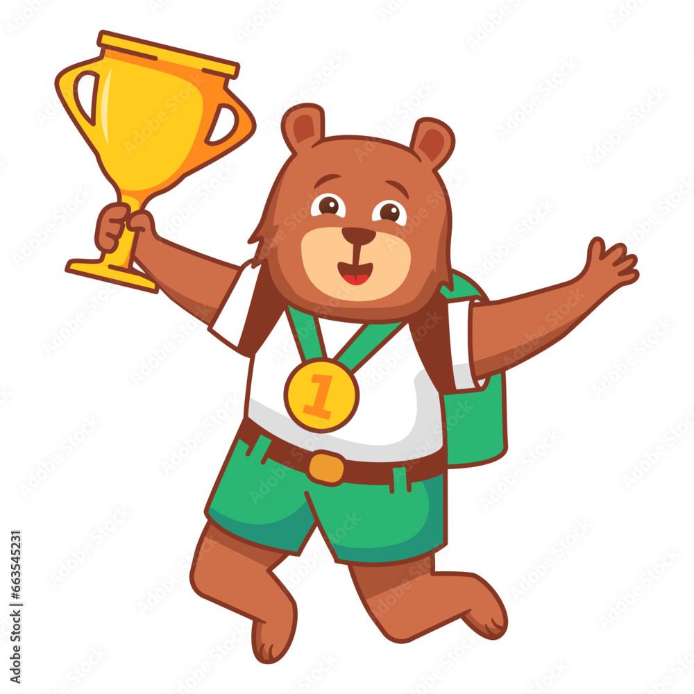 Happy cute kid bear win game gold trophy.Little bear character with ...