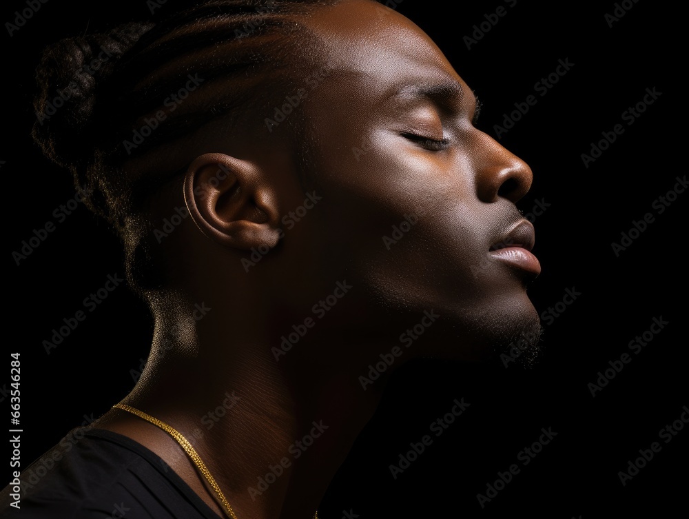 Black man portrait, low key profile view on black background, handsome ...