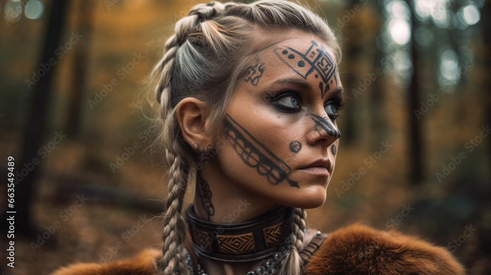 Warrior viking woman. He has Norse runes and war paint on his face ...