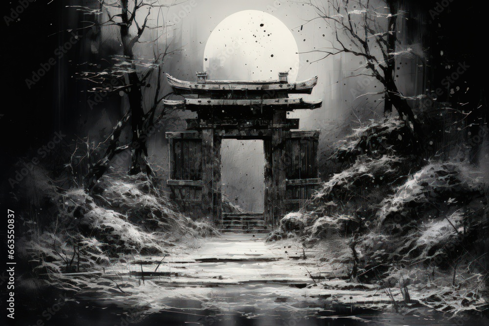 Enigmatic shadow gates, portals to realms shrouded in darkness and ...