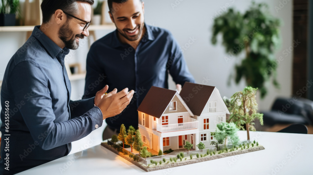 realtor holding a model of a house while explaining features generative ...