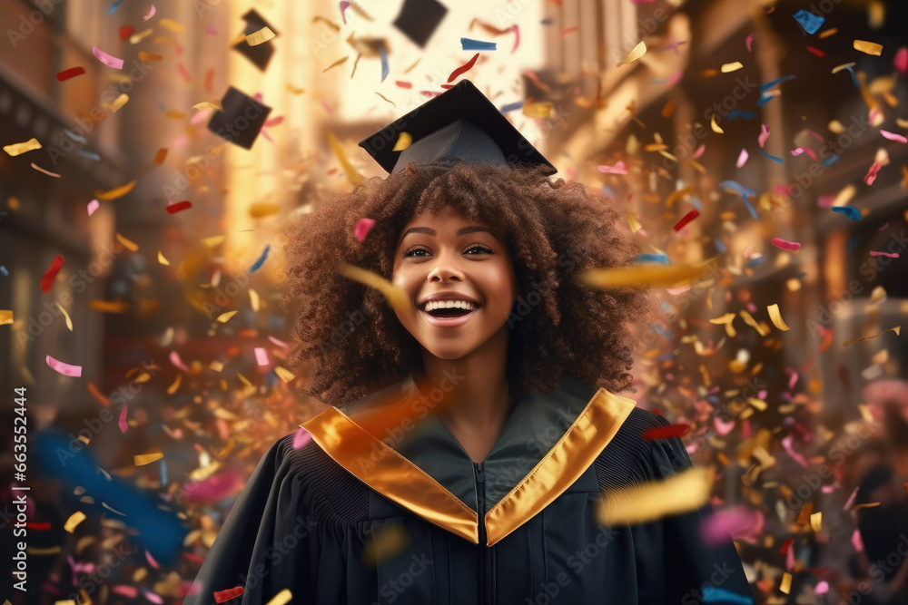 A joyful African American girl, celebrating her graduation with a ...