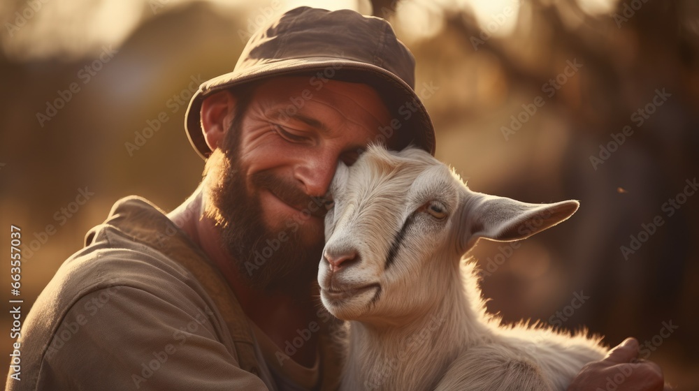 A farmer shares a warm embrace with their loyal goat, exemplifying the ...