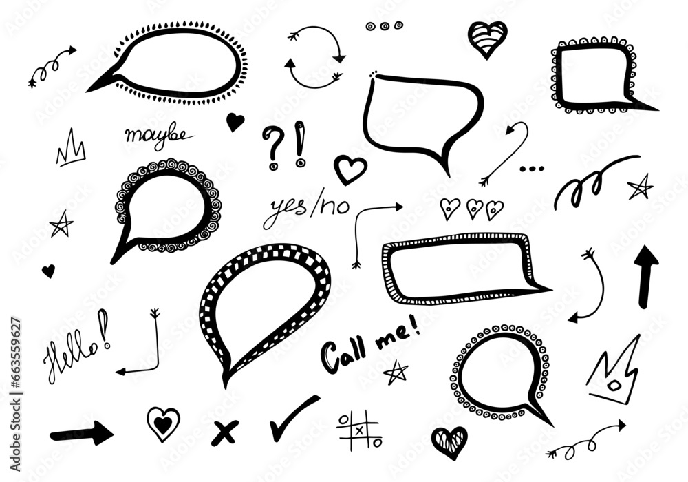 Doodle set of speech bubbles and arrows in comic hand drawn style ...