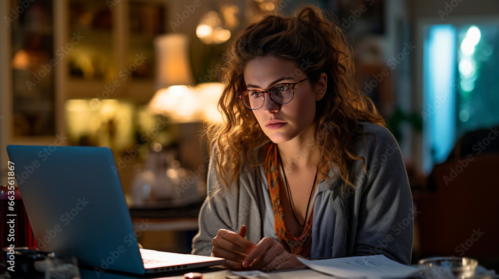 intellectual looking woman working and studying with great attention ...